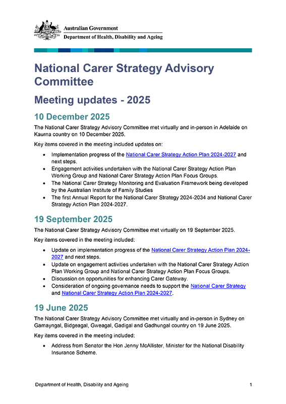 National Carer Strategy Advisory Committee meeting updates – 2025 ...