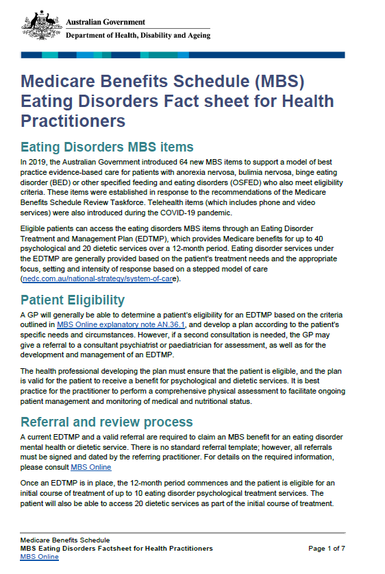 Medicare Benefits Schedule (MBS) Eating Disorders – Fact sheet for ...