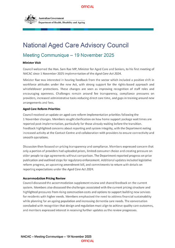 National Aged Care Advisory Council communique – November 2025 ...
