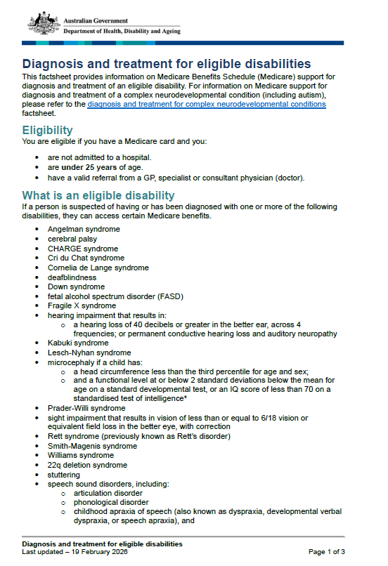 Diagnosis and treatment for eligible disabilities – Fact sheet ...