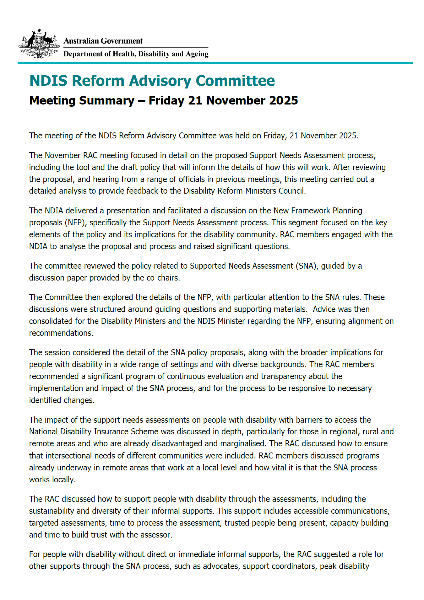 NDIS Reform Advisory Committee Meeting Summary – 21 November 2025 ...