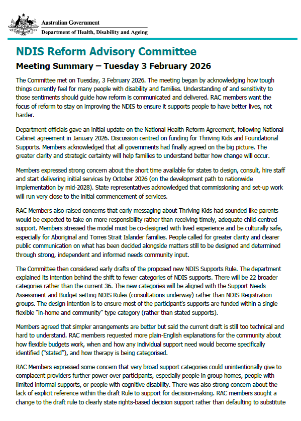 NDIS Reform Advisory Committee Meeting Summary – 3 February 2026 ...