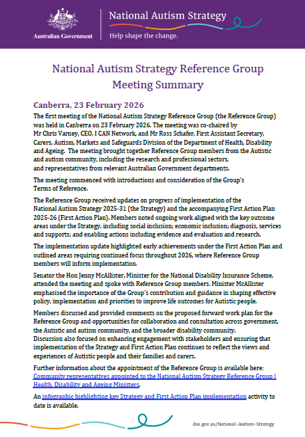 National Autism Strategy Reference Group Meeting Summary | Australian ...
