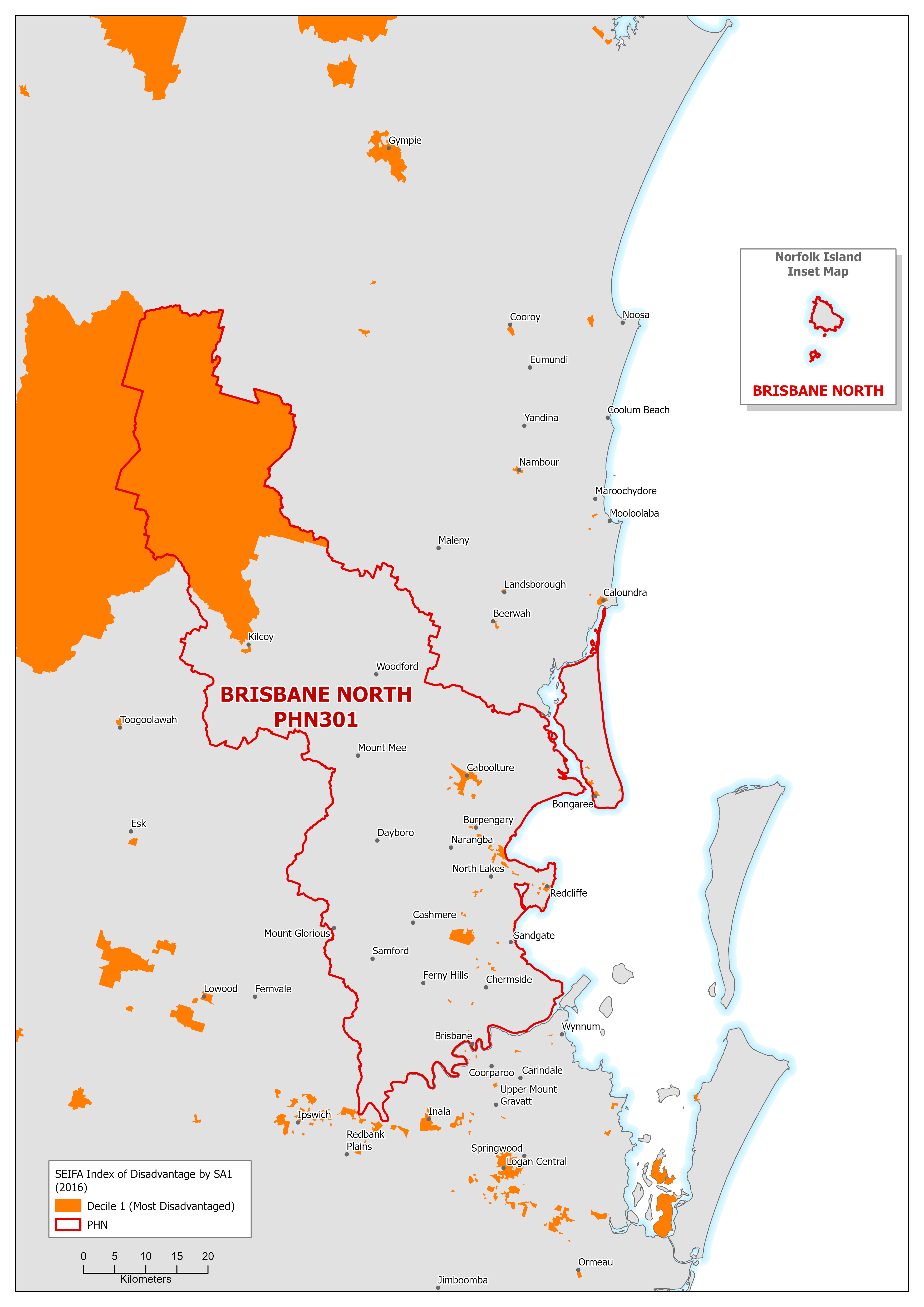 Brisbane North (Qld) Primary Health Network (PHN) map – socioeconomic disadvantage | Australian ...