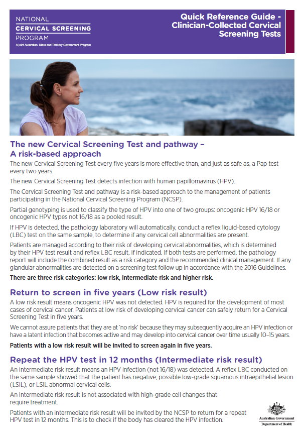 National Cervical Screening Program Quick Reference Guide Clinician Collected Cervical