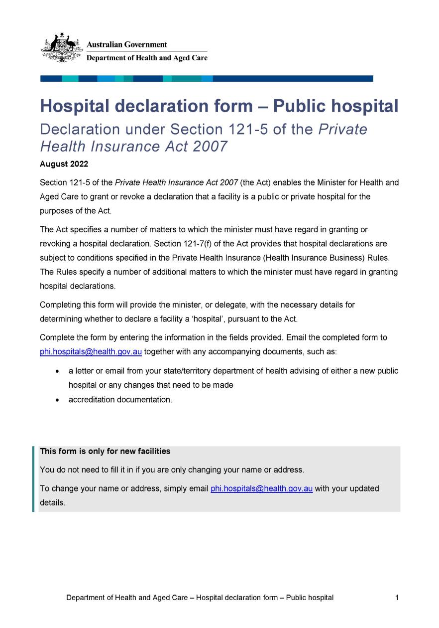 Hospital Declaration Form Public Hospital Australian Government
