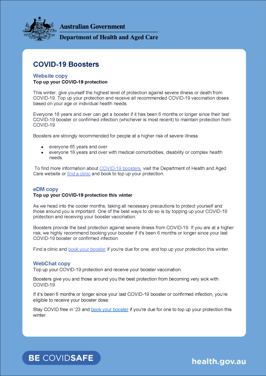 COVID-19 Boosters – Website, eDM and WebChat | Australian Government ... COVID-19 Boosters – Website, eDM and WebChat | Australian Government ...