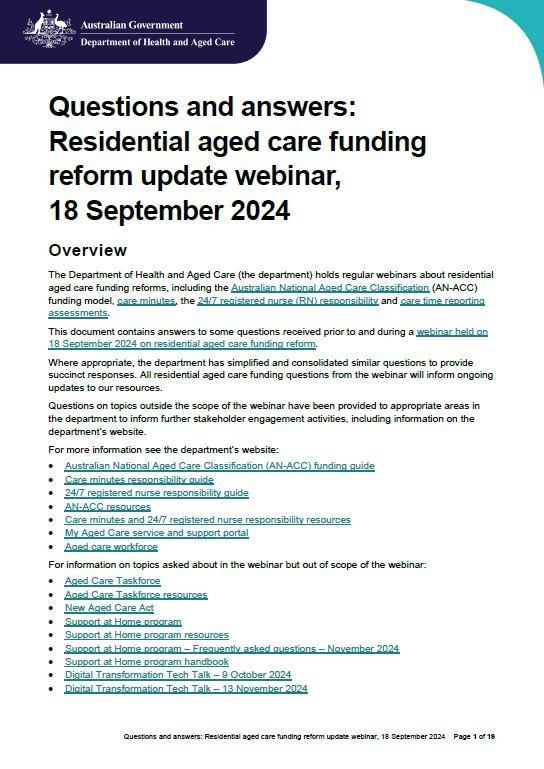 Residential aged care funding reform update – Questions and answers ... Residential aged care funding reform update – Questions and answers ...