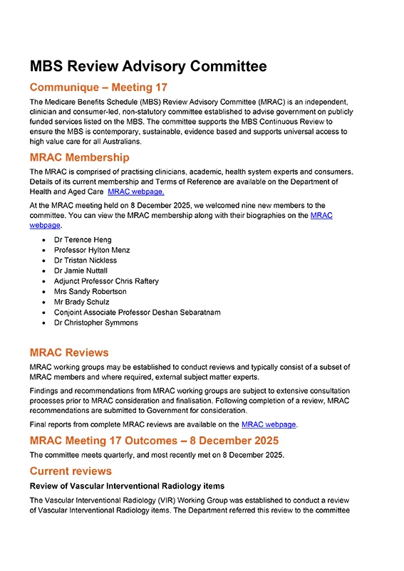 MBS Review Advisory Committee communique – December 2025 | Australian ...