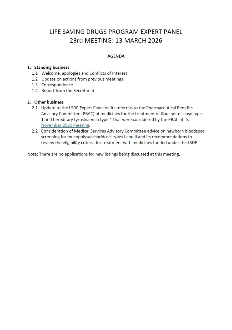 Life Saving Drugs Program (LSDP) Expert Panel meeting agenda – 13 March ...
