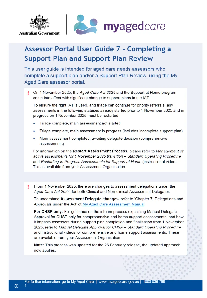 My Aged Care – Assessor Portal User Guide 7 – Completing a support plan ...