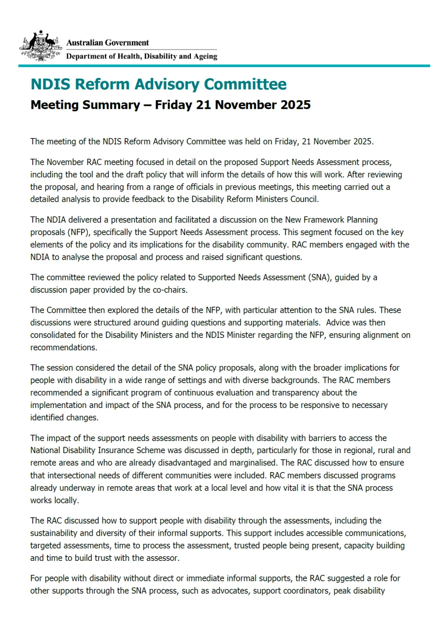 NDIS Reform Advisory Committee Meeting Summary – 21 November 2025 ...