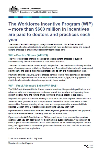 Workforce Incentive Program (WIP) promotional fact sheet | Australian ...