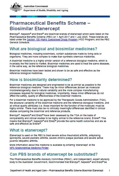 Biosimilar medicine fact sheet – etanercept | Australian Government ...