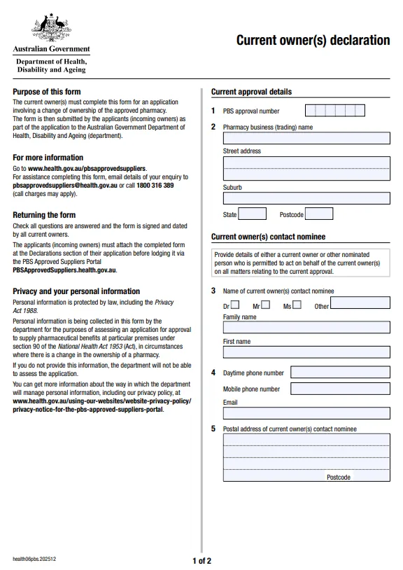 Current owners declaration form | Australian Government Department of ...