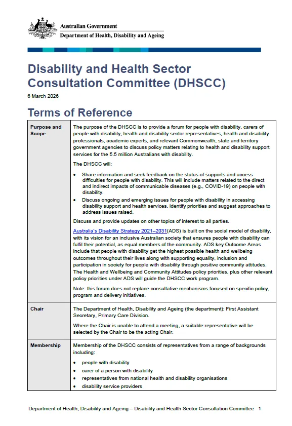 Disability and Health Sector Consultation Committee – Terms of ...