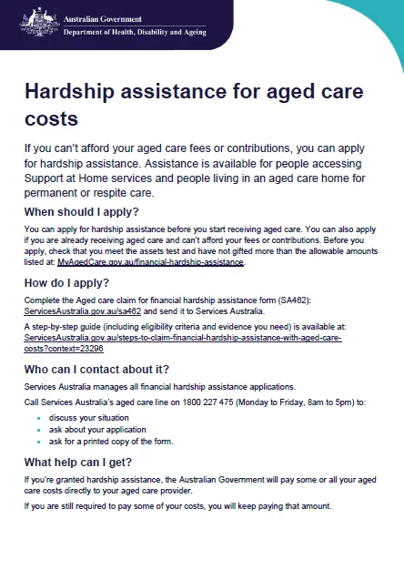 Hardship assistance for aged care – Fact sheet | Australian Government ...