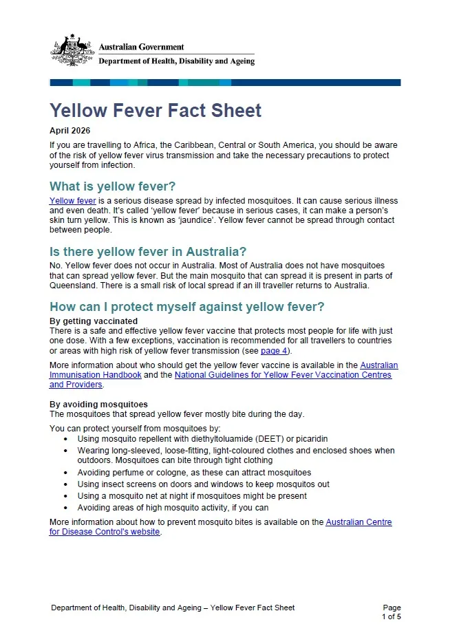 Yellow fever fact sheet | Australian Government Department of Health ...