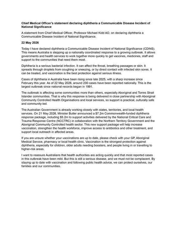 Chief Medical Officer’s statement declaring diphtheria a Communicable ...