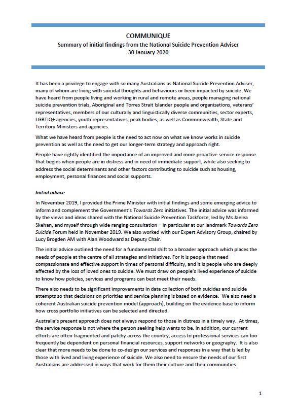 National Suicide Prevention Adviser communique – summary of initial ... National Suicide Prevention Adviser communique – summary of initial ...
