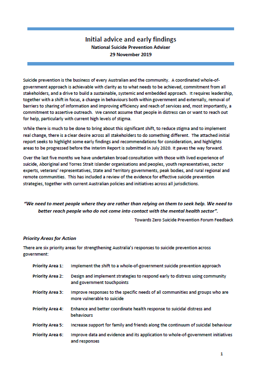 National Suicide Prevention Adviser – initial advice and early findings ... National Suicide Prevention Adviser – initial advice and early findings ...