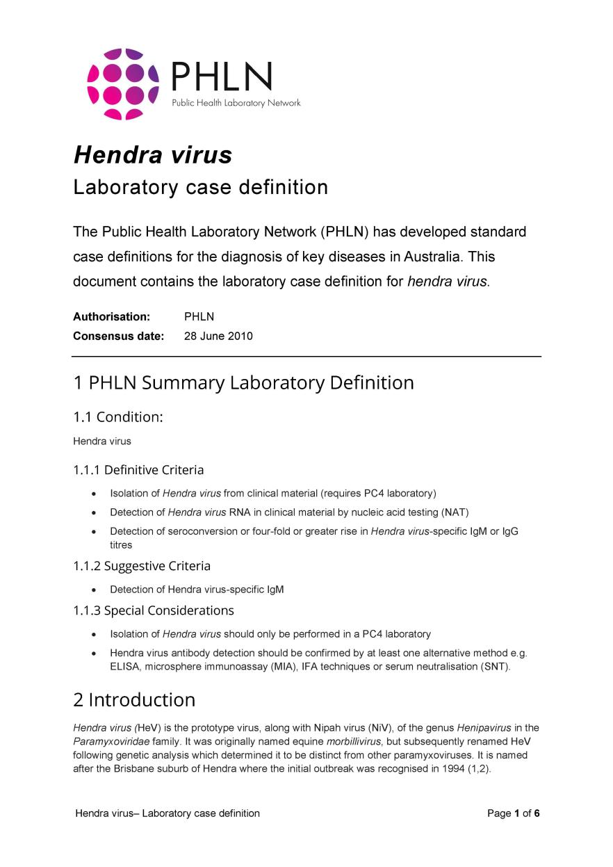 Hendra virus – Laboratory case definition | Australian Government ... Hendra virus – Laboratory case definition | Australian Government ...