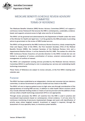 Medicare Benefits Schedule (MBS) Review Advisory Committee (MRAC ...