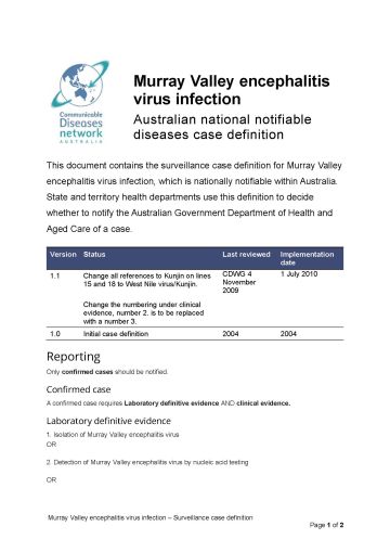 Murray Valley encephalitis virus infection – Surveillance case ... Murray Valley encephalitis virus infection – Surveillance case ...