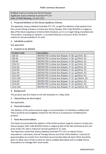 SPAP public summary documents – April 2022 – Avanos Corstop Ace Stoma ...